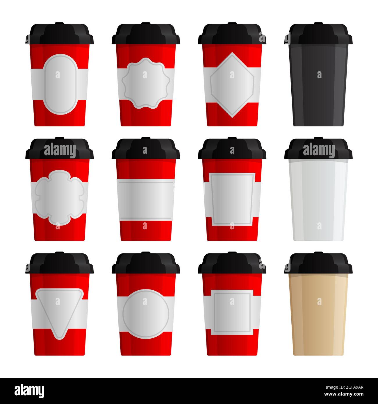 A set of plastic cups for drinks, coffee or tea. Frames with different ...