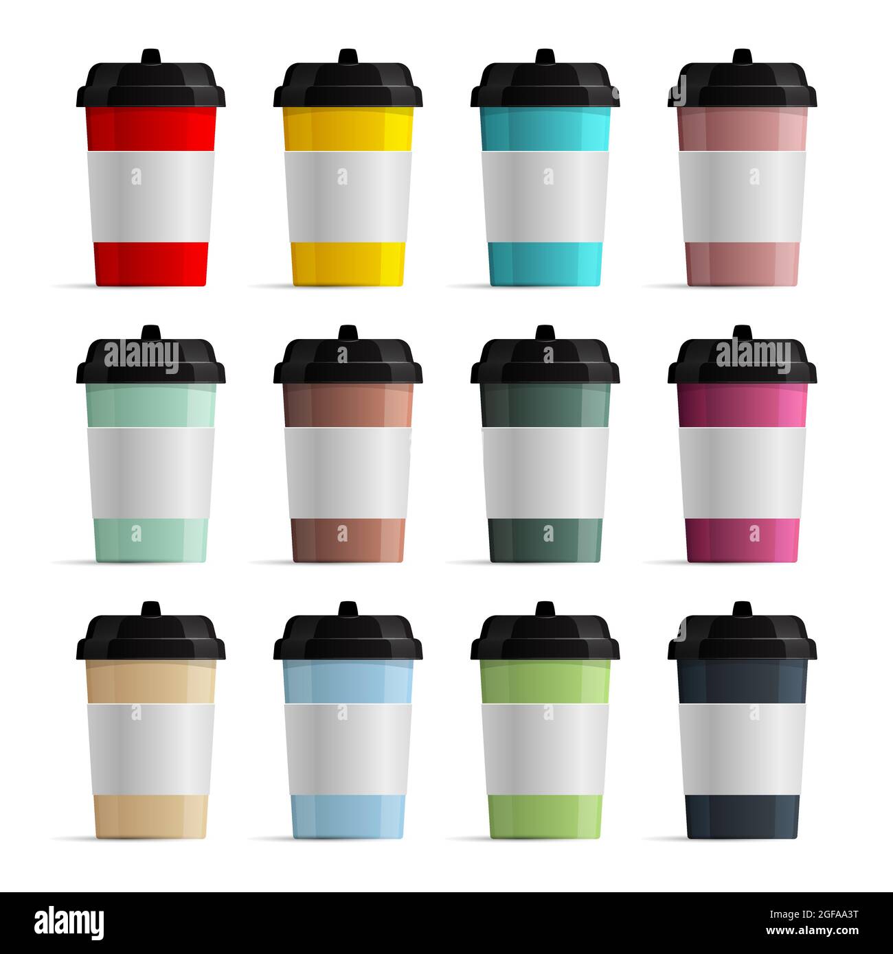 Colored set of plastic cups for drinks, coffee or tea. Glasses with a ...