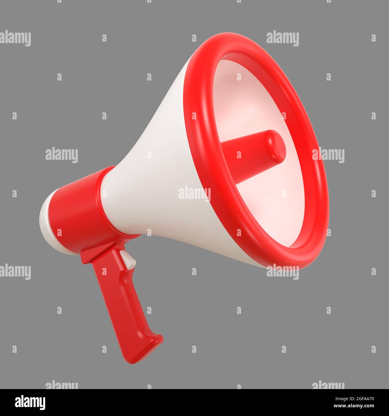 A bright red and white three-dimensional megaphone isolated on a gray ...