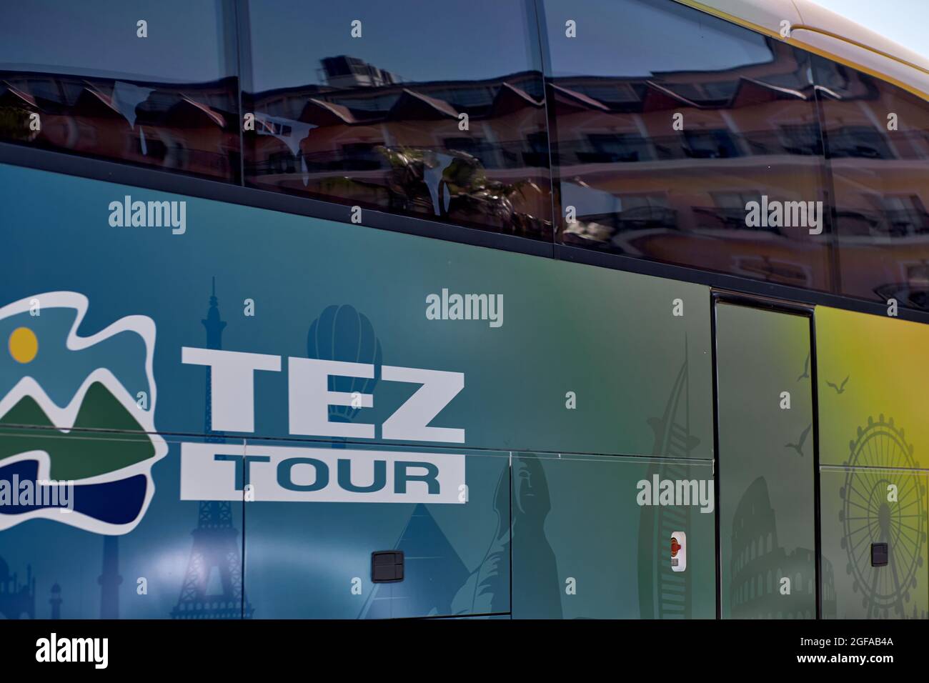 Kemer, Turkey - May 24, 2021: TEZ-tour travel bus close up. Lifestyle ...