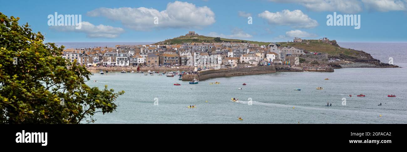 Elevated panoramic view of St Ives and harbour in St Ives, Cornwall, UK ...