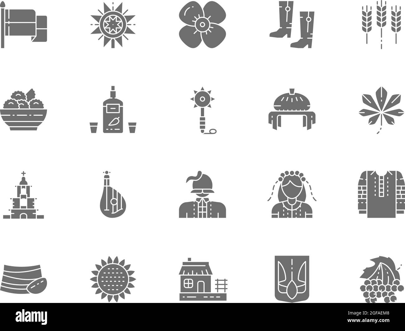 Set of Ukrainian Culture Gray Icons. Mace, Wheat Ear, Wedding Bread and ...