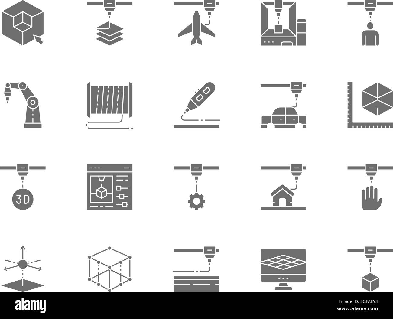 Set of 3D Printing Grey Icons. Industrial Printer, Plastic Thread Reels ...