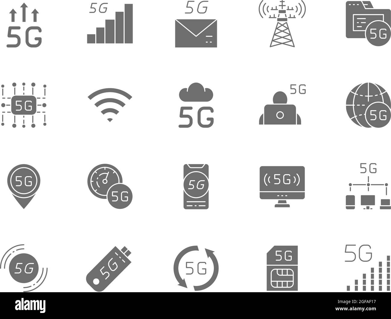 Set of 5G Internet Grey Icons. Database, Wireless Chip, Cloud System ...