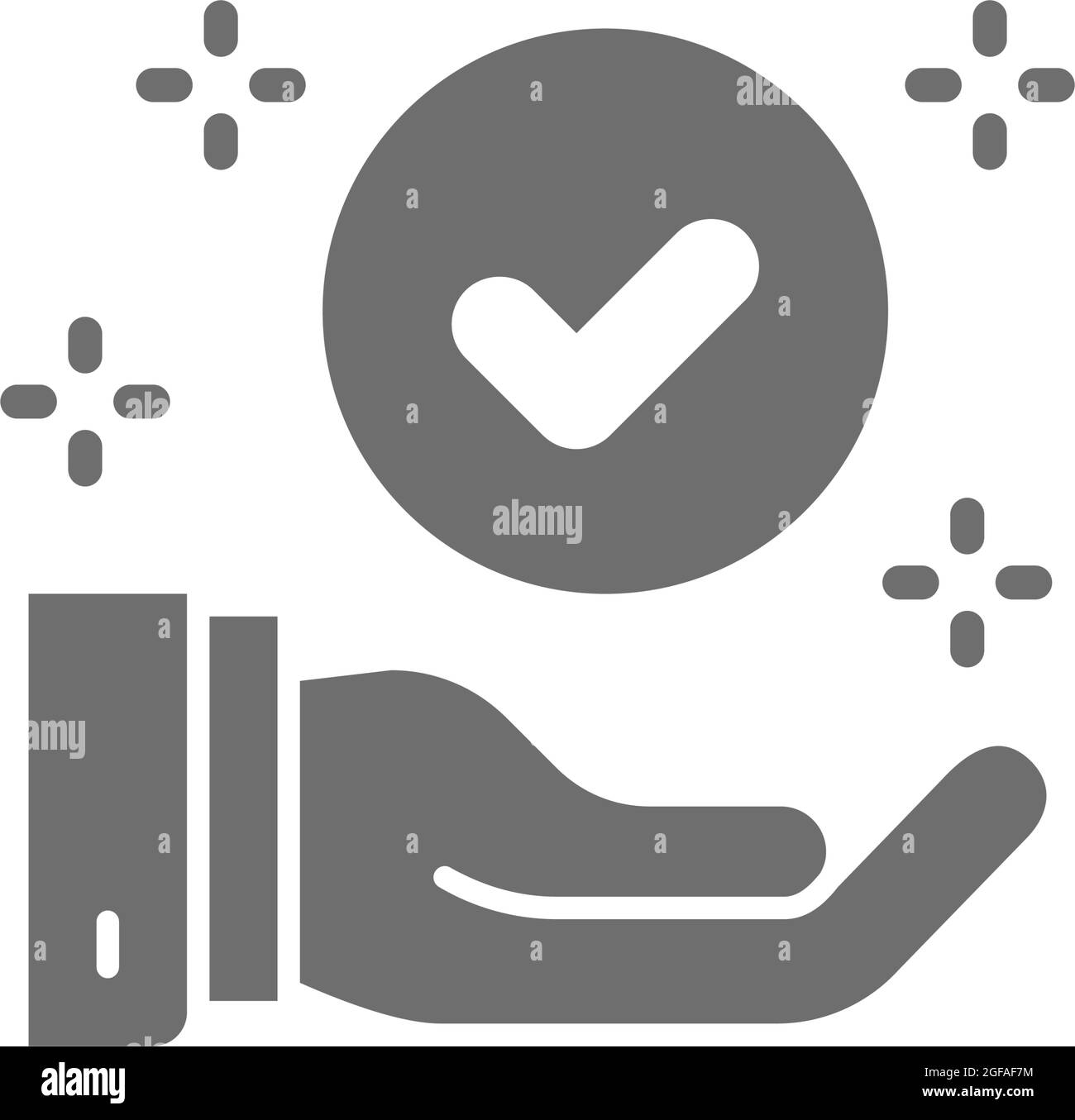 Hand with check mark, best choice, quality control, approved grey icon ...