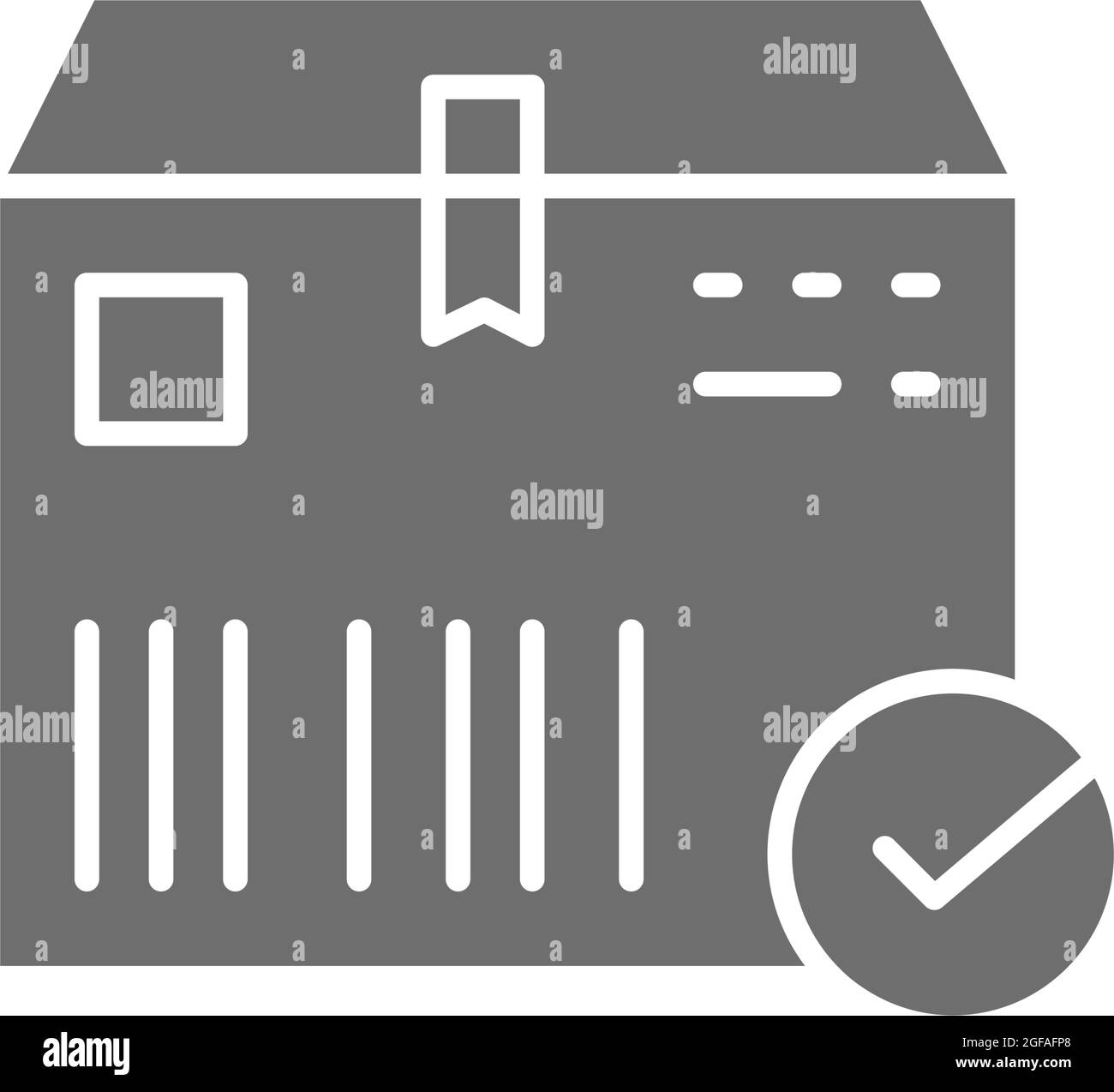 Cardboard box with check mark, cargo delivered, delivery verified grey ...