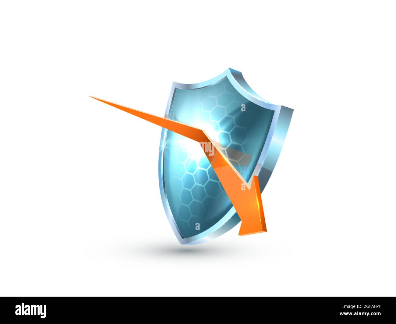 Realistic blue glass 3D guard shield icon with reflected orange Arrow ...