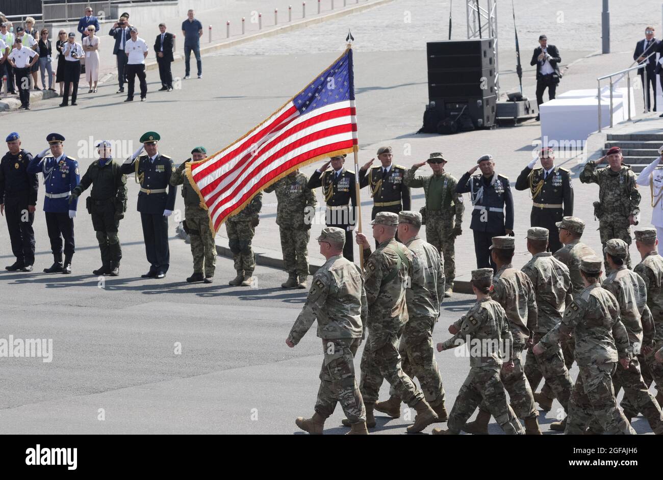 U.S. Army servicemen are seen marching during the Independence Day ...