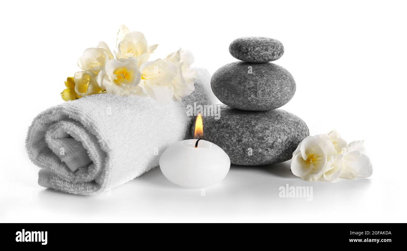 Spa still life with pebbles isolated on white Stock Photo - Alamy