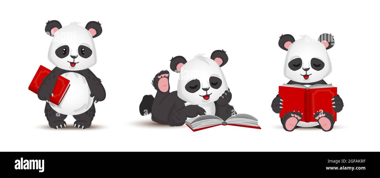 Funny panda reads a book.Cartoon style set. Vecto, illustration ...