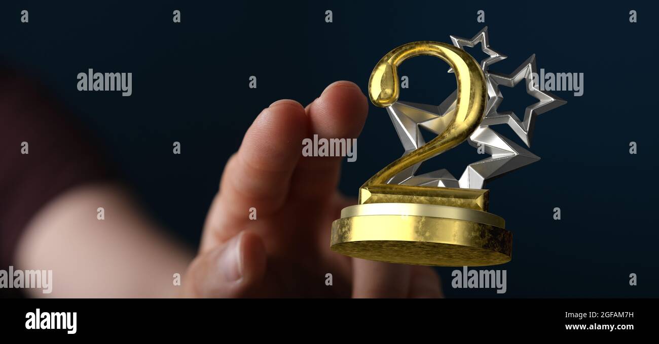 Male's hand pointing to an illustrated 2nd place gold award Stock Photo ...