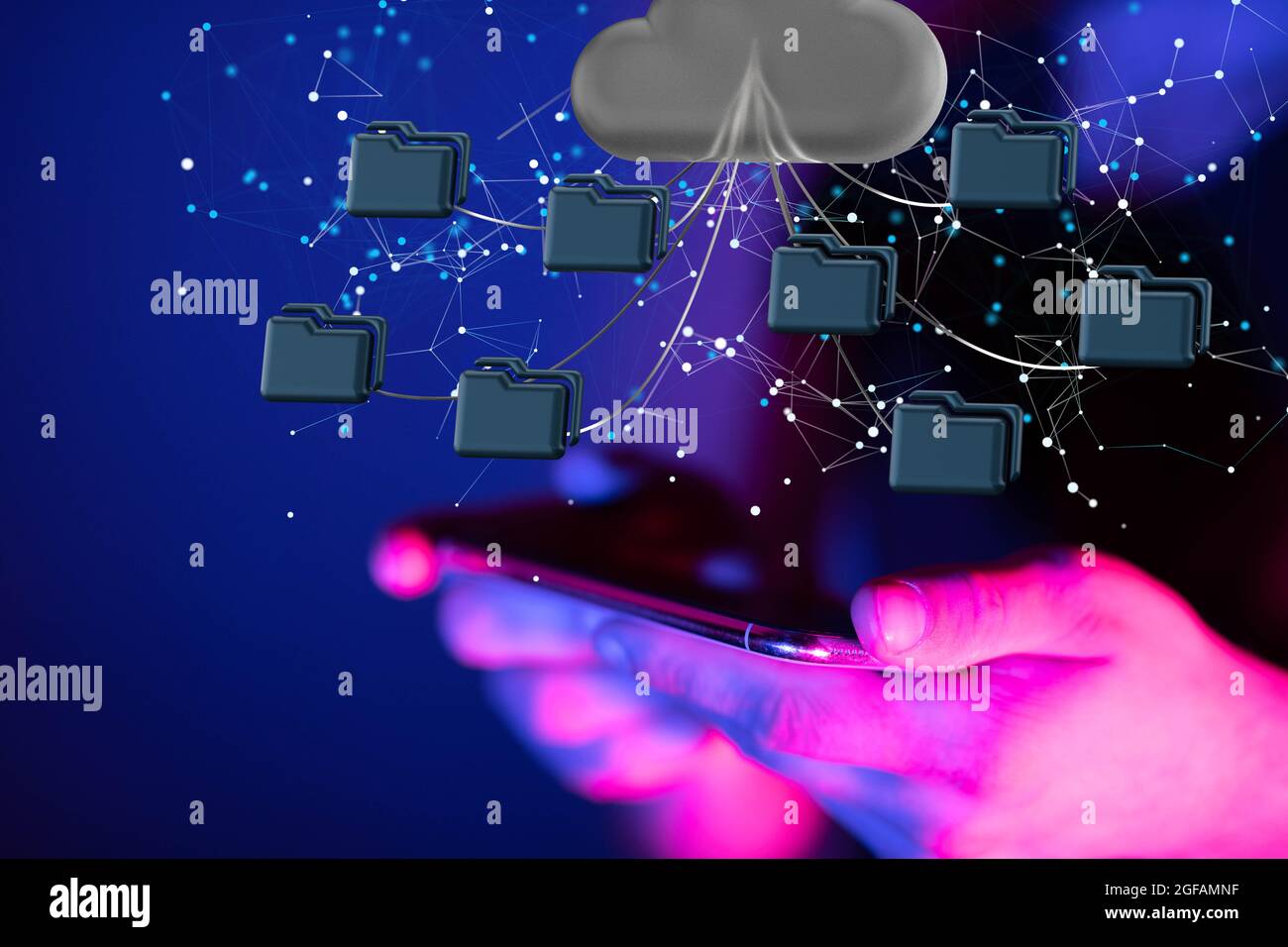 Floating render of a cloud with an interconnected network of data files ...