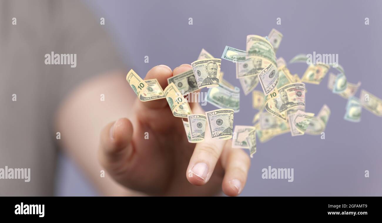 Hand selecting from a 3D render of floating dollar banknotes Stock ...