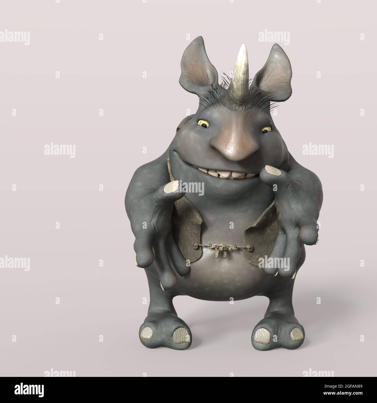 3D-illustration of a cute and funny cartoon kobold, presenting a gift ...