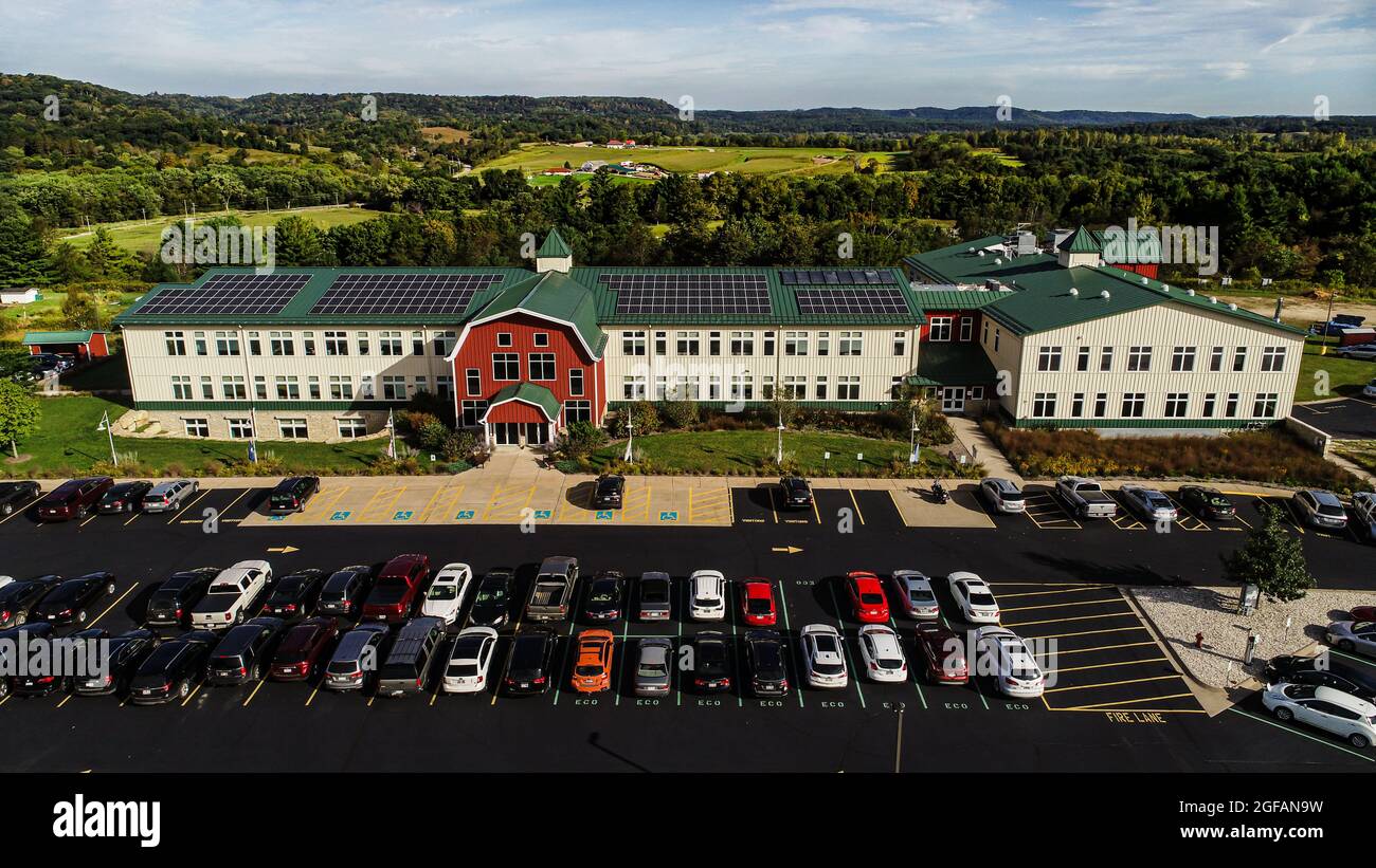 Aerial view of solar-powered Organic Valley headquarters and the ...
