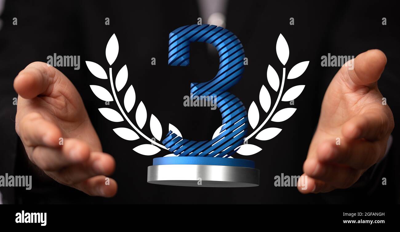 Male's hand holding an illustration of a 3rd place prize silver medal ...