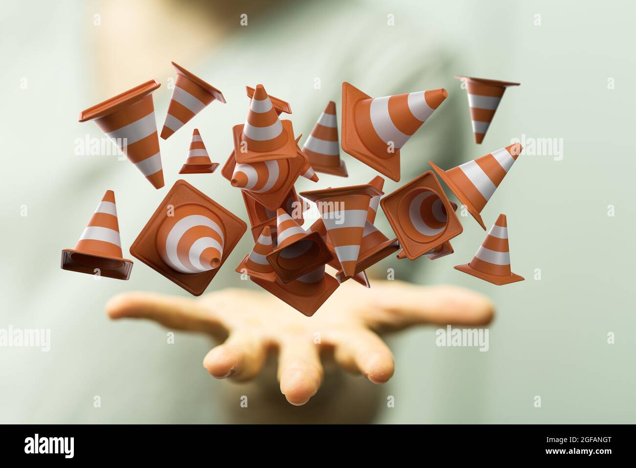 3D render of a bunch of floating traffic cones over a hand- website ...