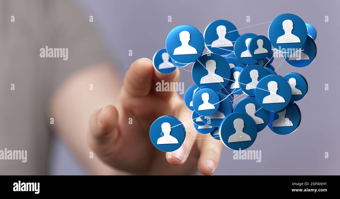 Male's hands holding an illustration of a videoconference group of ...