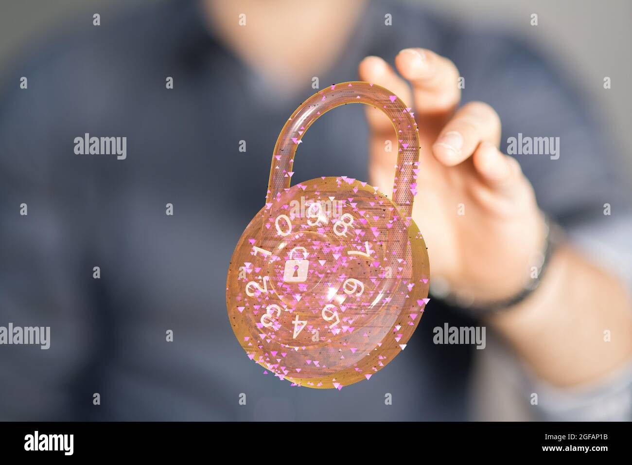 Hand holding a digital illustration of a lock- cybersecurity concept ...