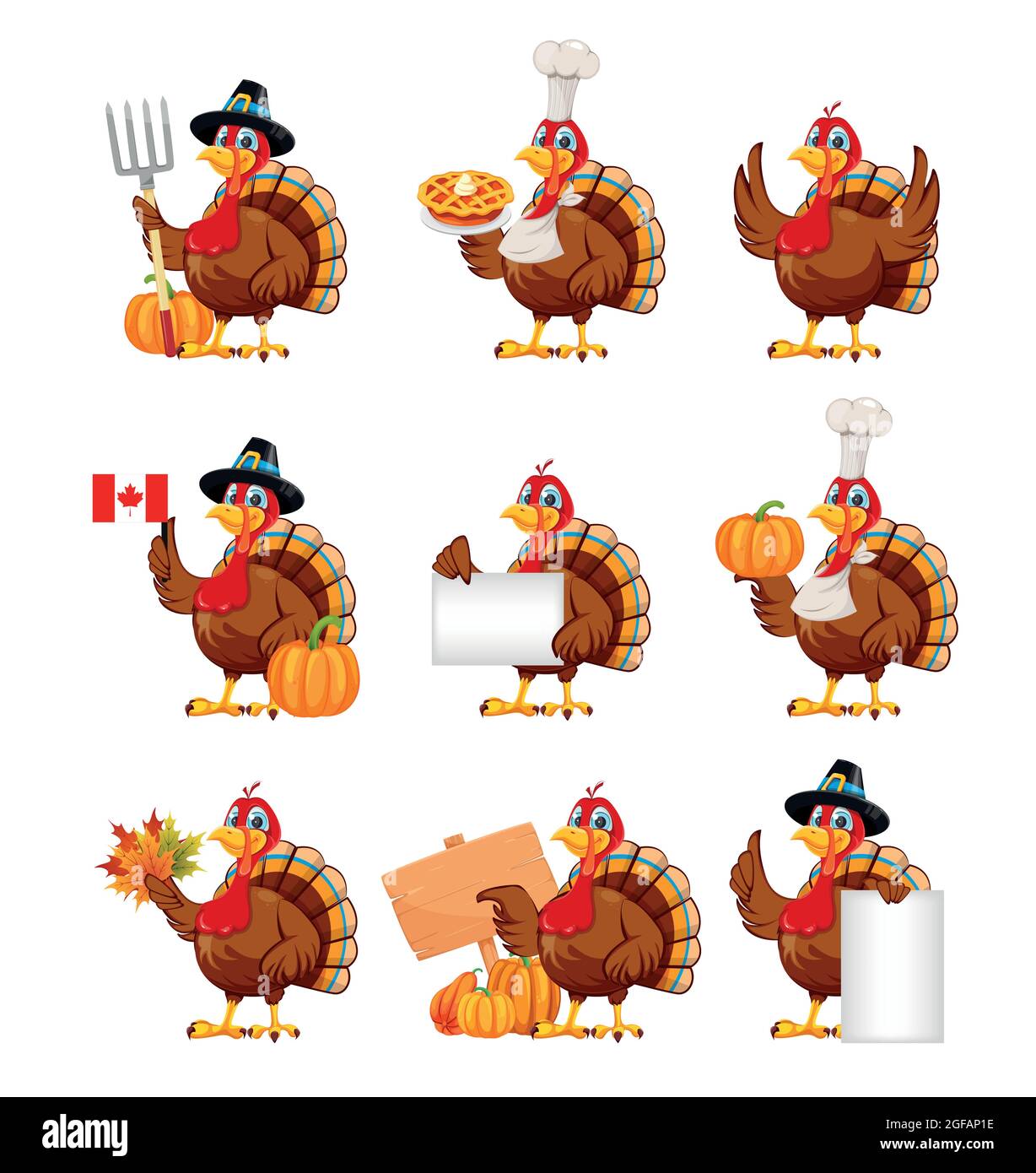 Happy Thanksgiving day. Funny cartoon character turkey bird, set of ...