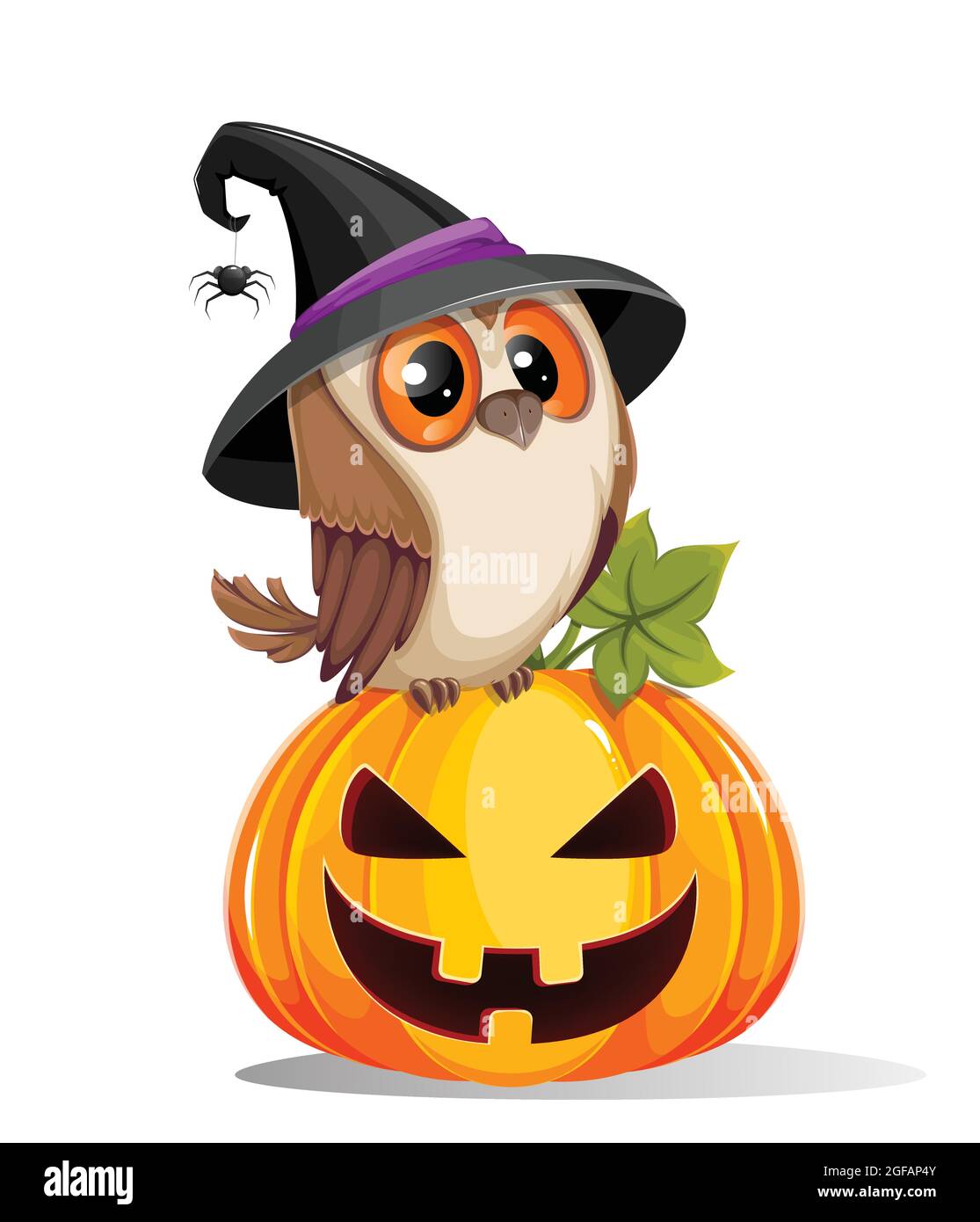 Happy Halloween. Cute owl sitting on pumpkin Jack O Lantern with creepy ...