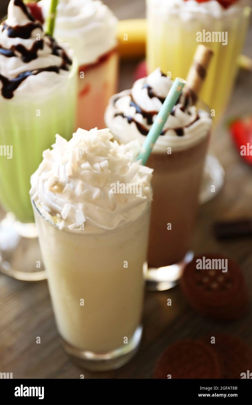 Delicious milkshakes, closeup Stock Photo - Alamy