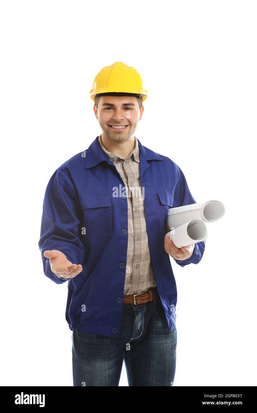 Engineer with blueprints and helmet isolated on white Stock Photo - Alamy