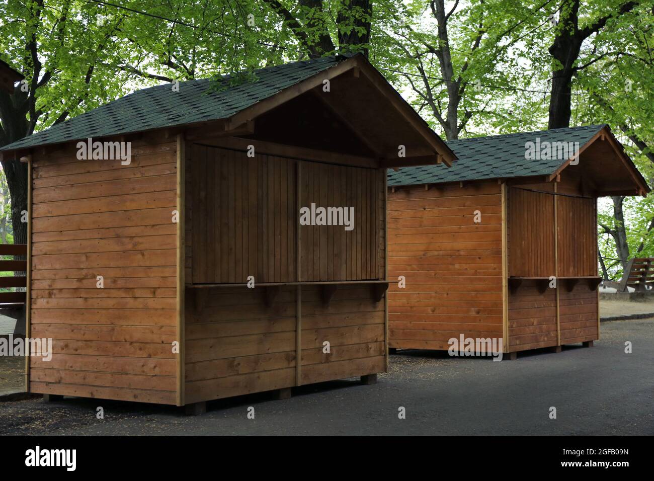 Wooden booths in city street Stock Photo - Alamy