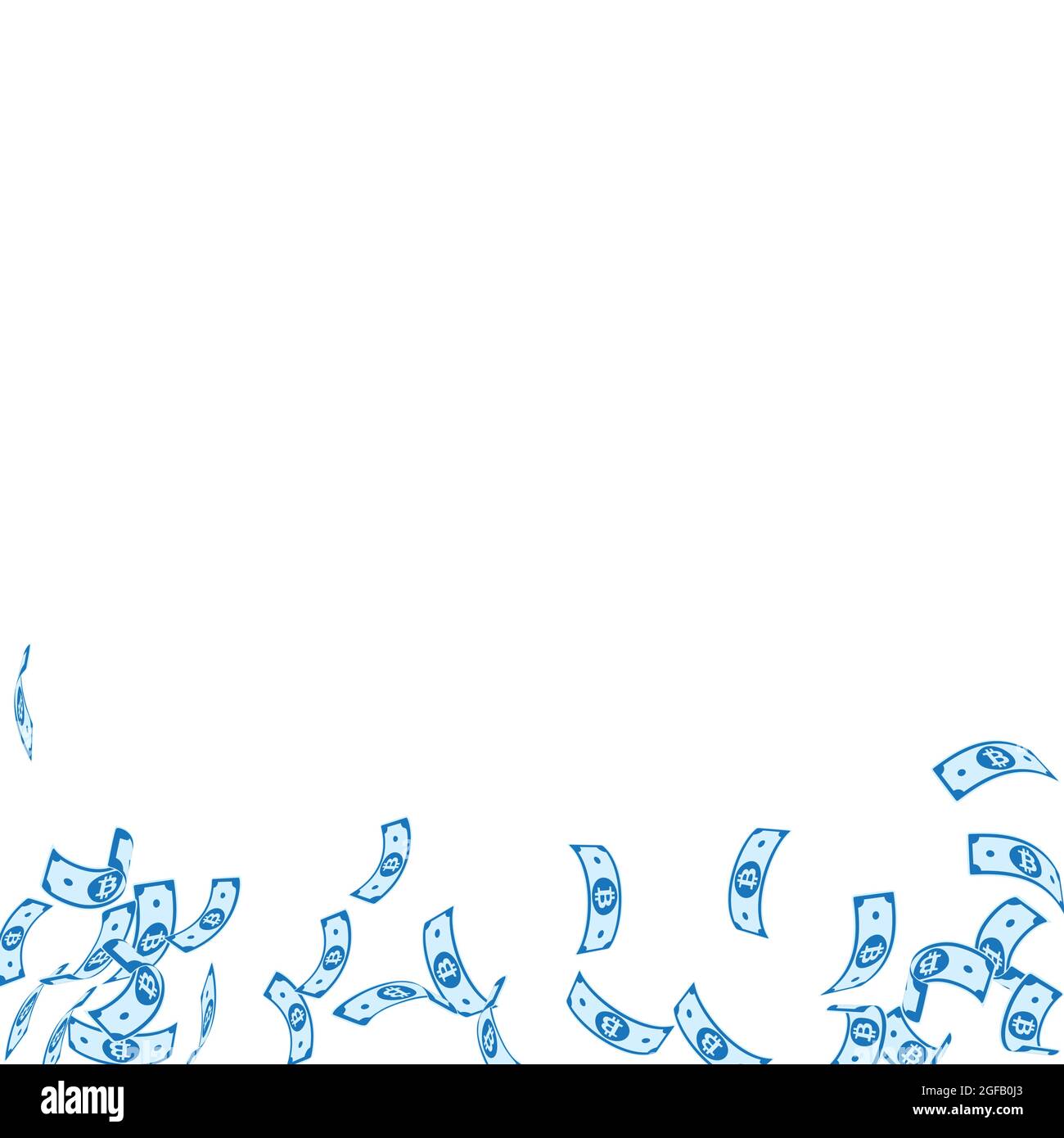 Bitcoin, internet currency notes falling. Sparse BTC bills on white ...