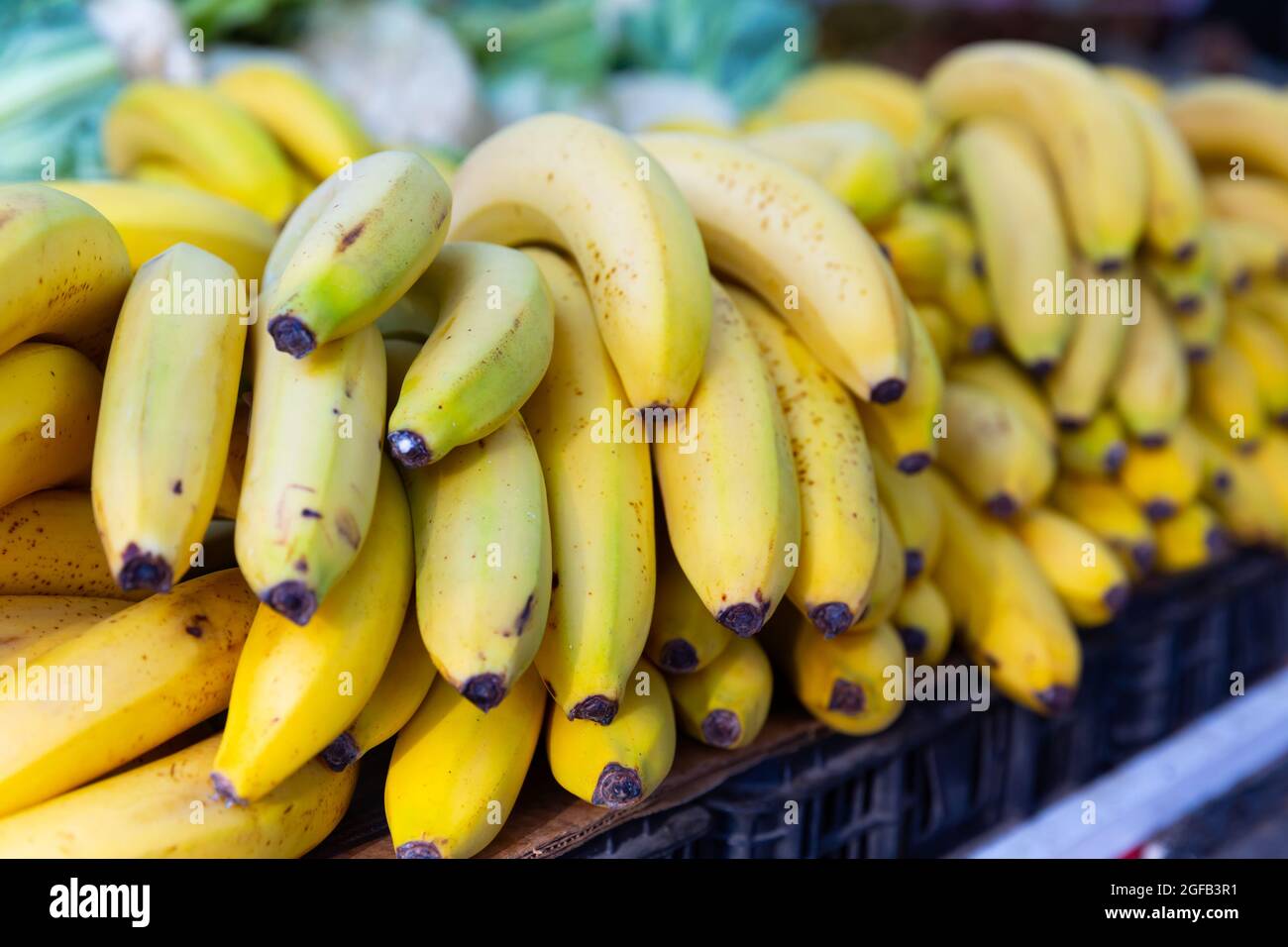 Showcase with ripe yellow bananas in greengrocery Stock Photo - Alamy
