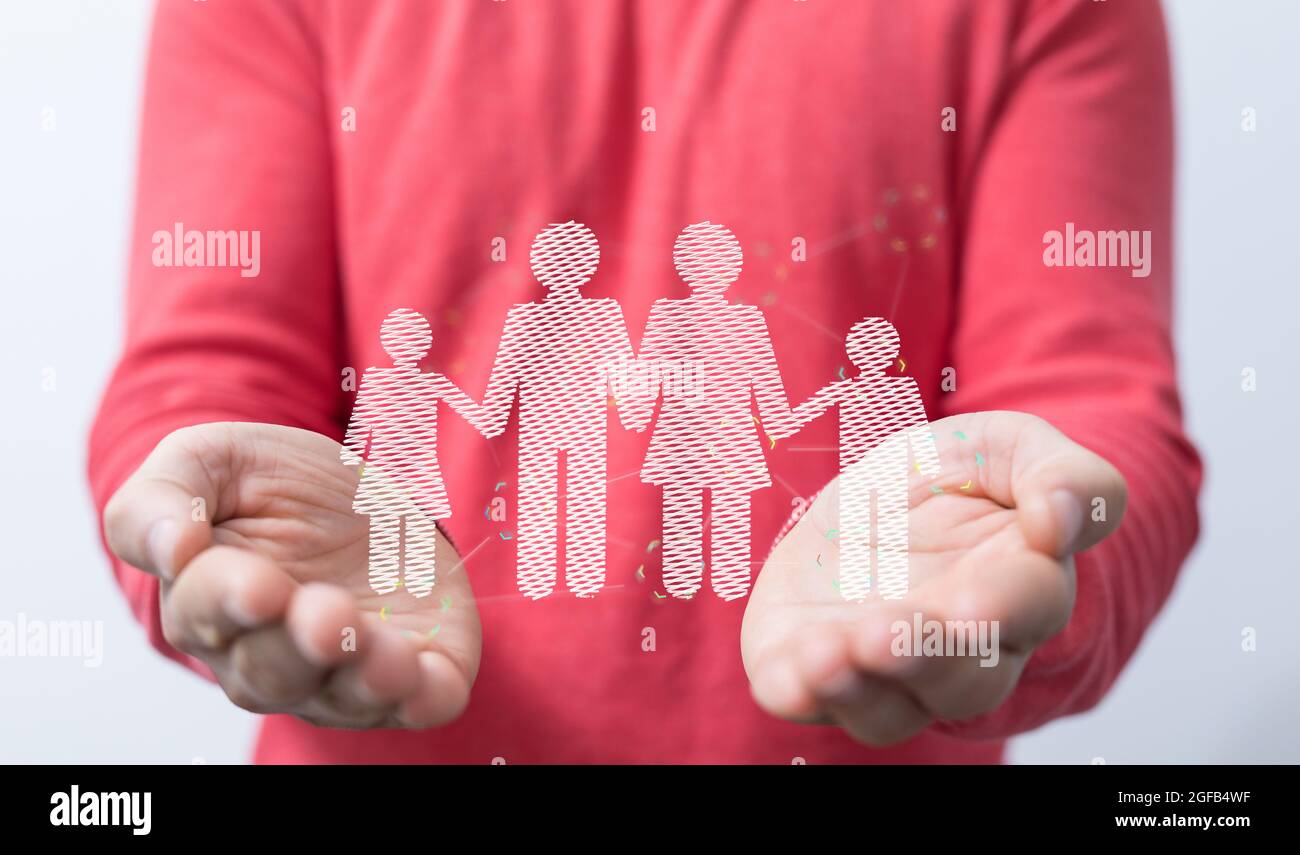 Pair of hands holding a digital illustration of family icons Stock ...