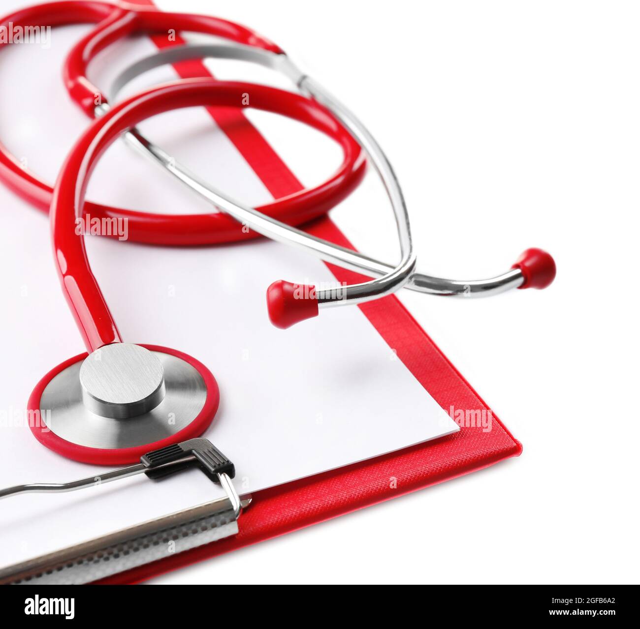 Red stethoscope and prescription isolated on white Stock Photo - Alamy