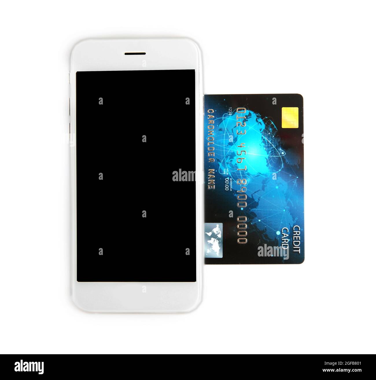 Credit card with phone on white background Stock Photo - Alamy