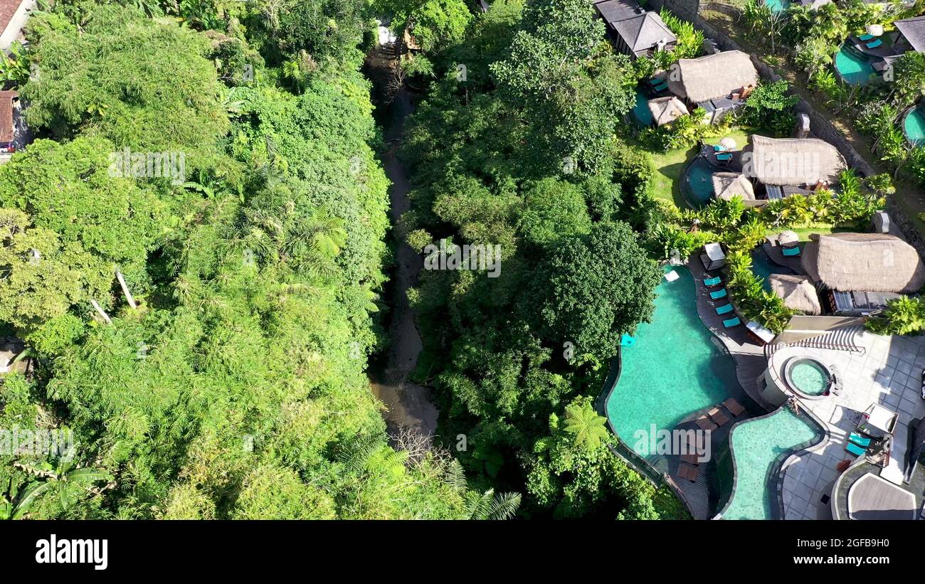 Aerial view of beautifully landscaped recreation house cottage complex ...
