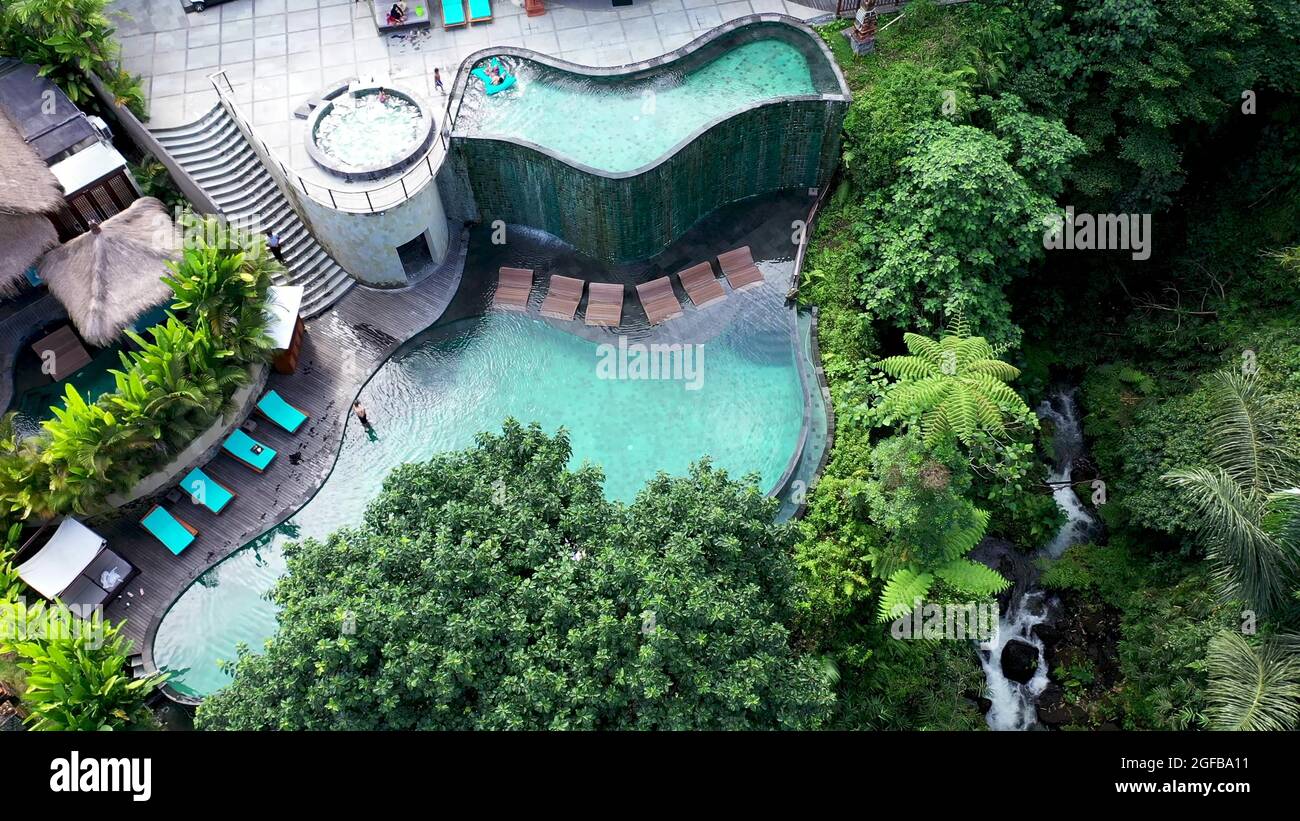 Infinity hotel pool in luxury Resort. Top view of luxury round pool ...