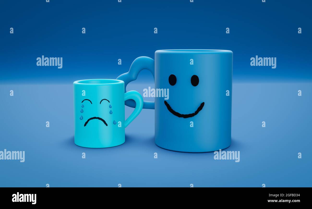 3D digital illustration of a sad child mug being comforted by caring ...