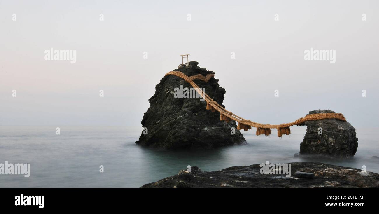 Meoto Iwa, the famous wedded rocks of Japan, are a popular tourist ...