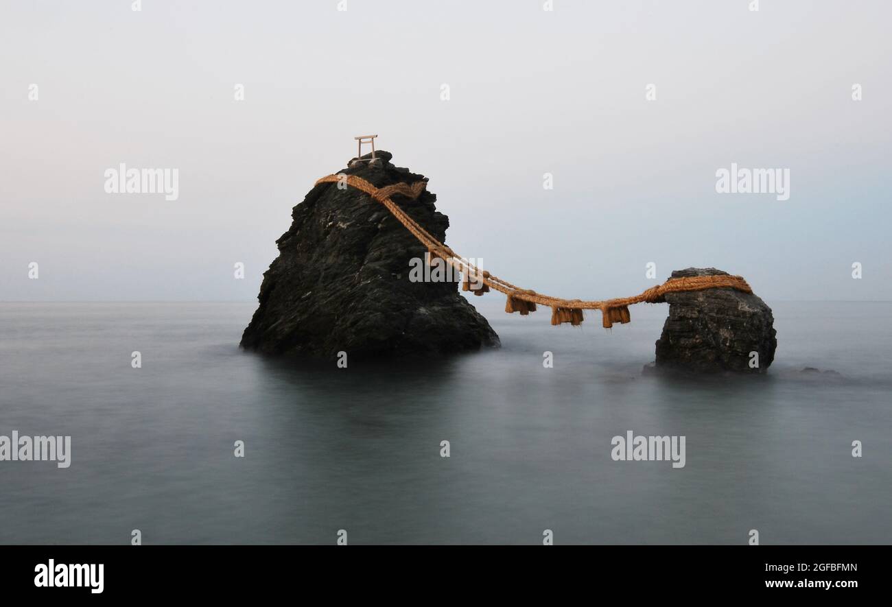 Meoto Iwa, the famous wedded rocks of Japan, are a popular tourist ...