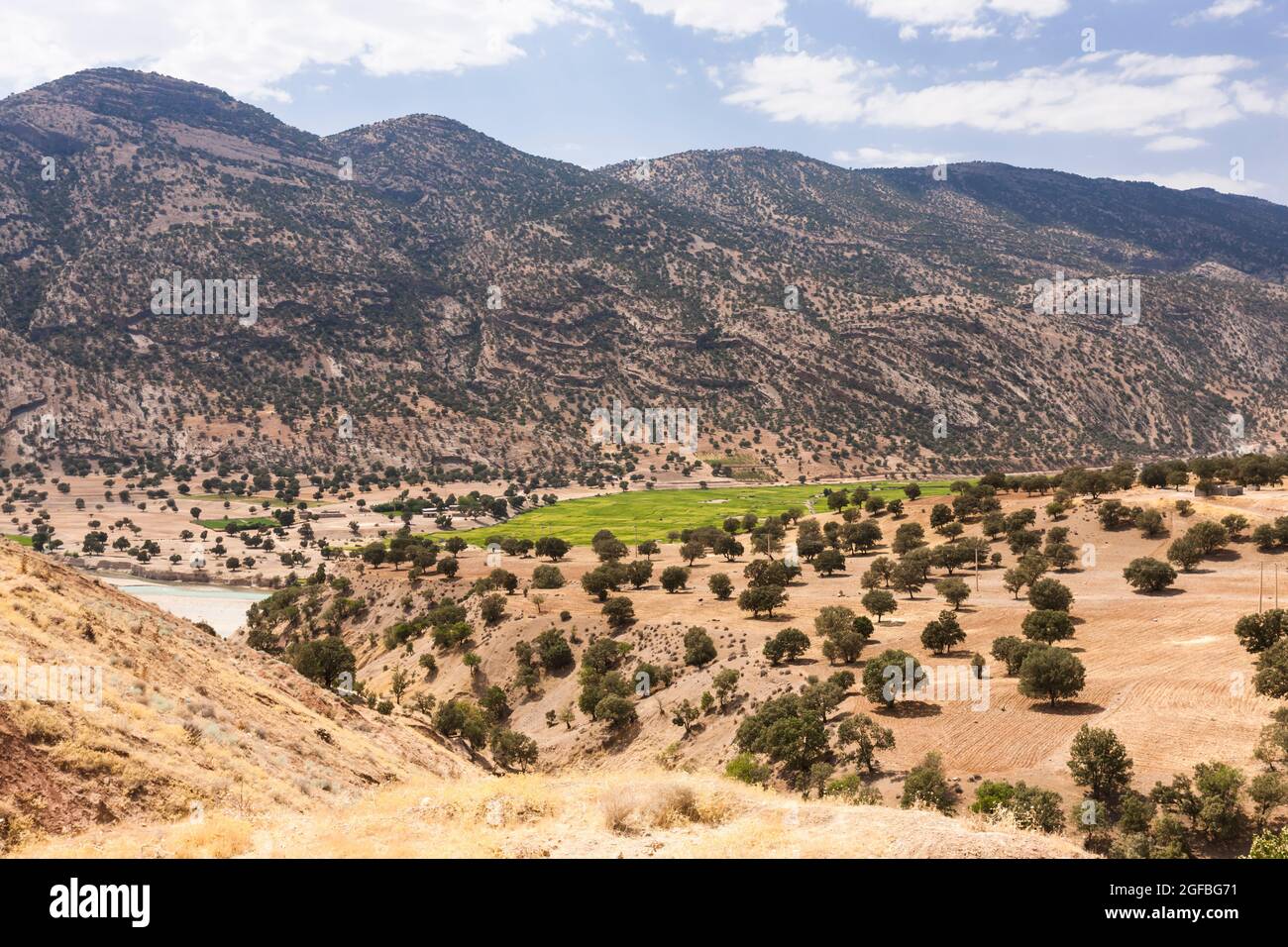 Agricultural field at riverside on highland, Persian Royal Road, road ...