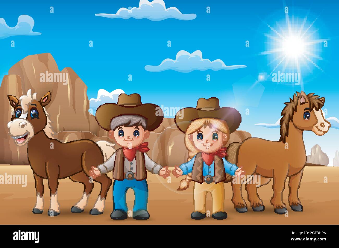 Cartoon cowboy and cowgirl with animals in the desert Stock Vector ...