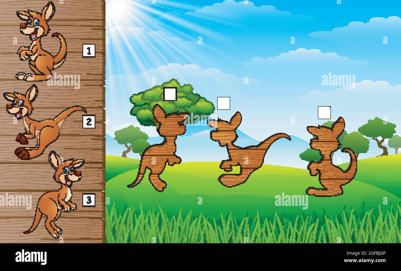 Cartoon kangaroos collection set. Find the correct shadow on board ...