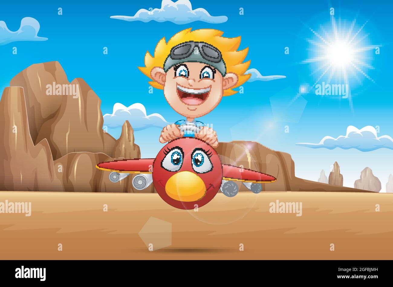 Cartoon boy flying a plane in the desert Stock Vector Image & Art - Alamy