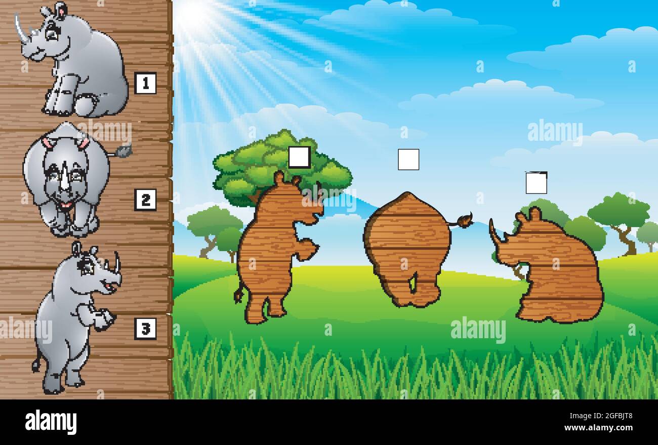 Cartoon funny rhino collection set. Find the correct shadow on board ...