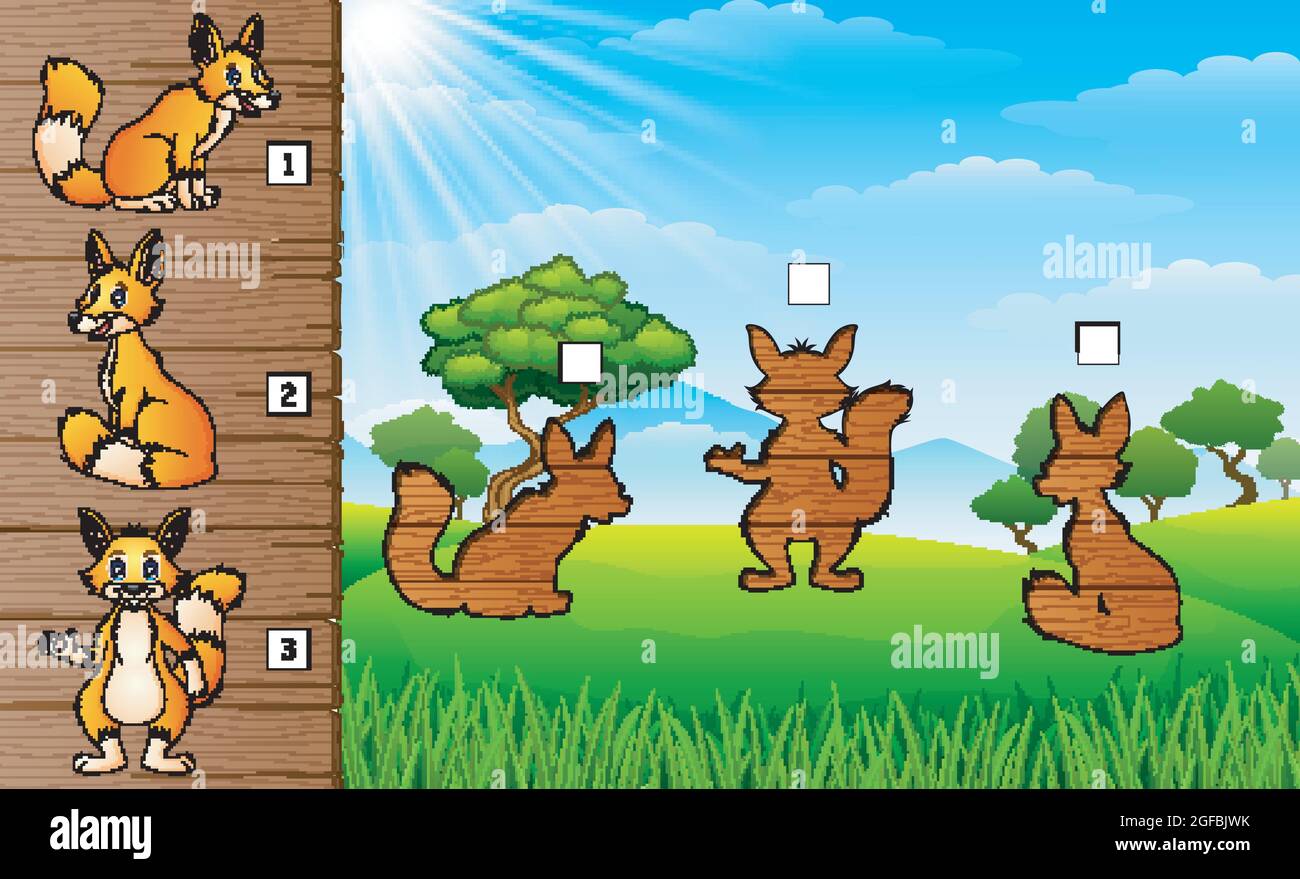 Cartoon funny fox collection. Find the correct shadow on board ...