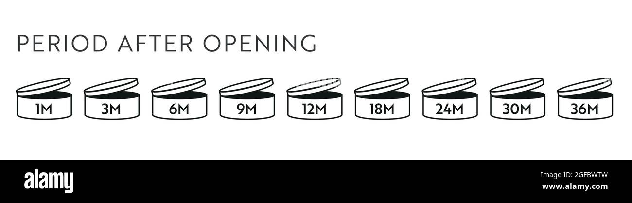 PAO vector icon set. Period after opening symbols. Can with open cap ...