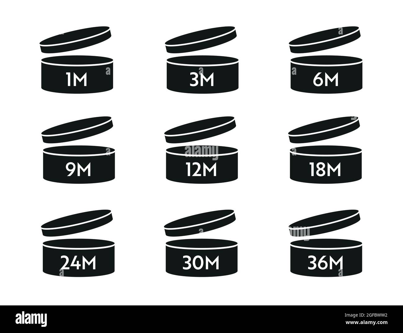 PAO dark vector icon set. Period after opening symbols. Can with open ...