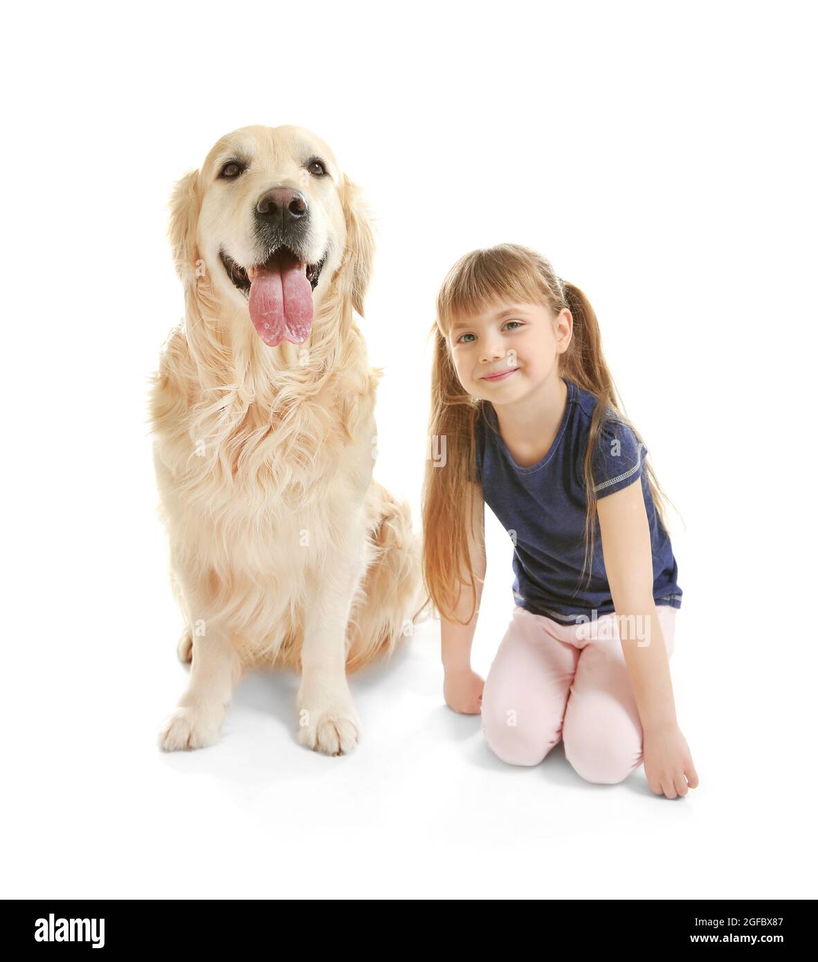 Little girl and big kind dog isolated on white Stock Photo - Alamy