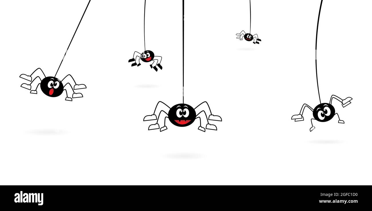 Cartoon spiders hanging on web spider. Vector illustration isolated on ...
