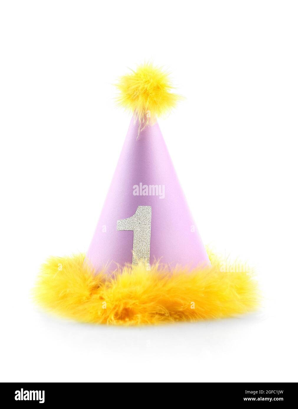 Funny birthday cap with yellow fur isolated on white Stock Photo - Alamy