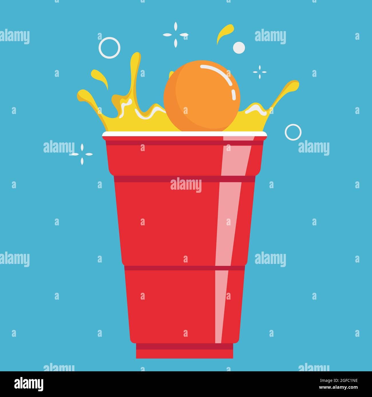 Red Beer Pong Illustration Plastic Cup And Ball With Splashing Beer